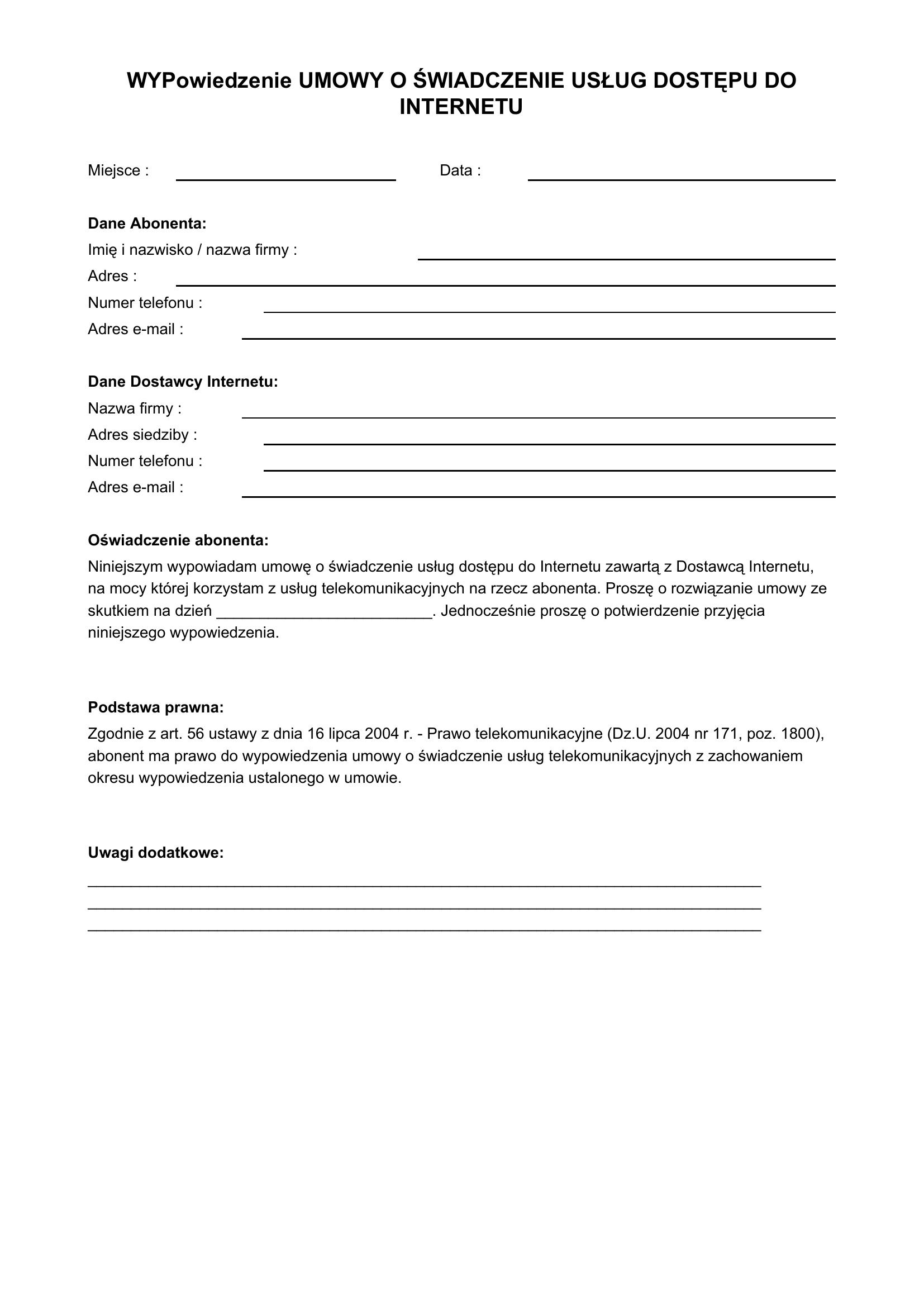Wypowiedzenie Umowy O Internet Wzór